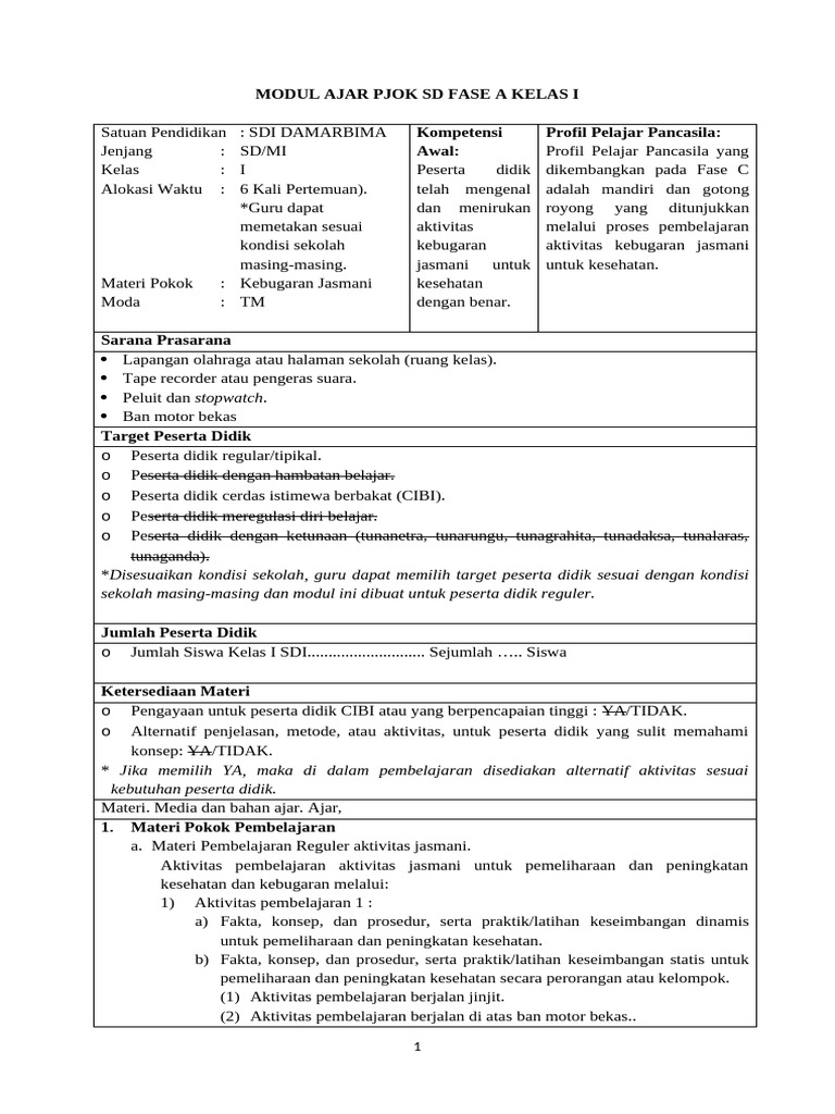 0.6 Pjok Fase A Kelas I Kebugaran Jasmani | PDF
