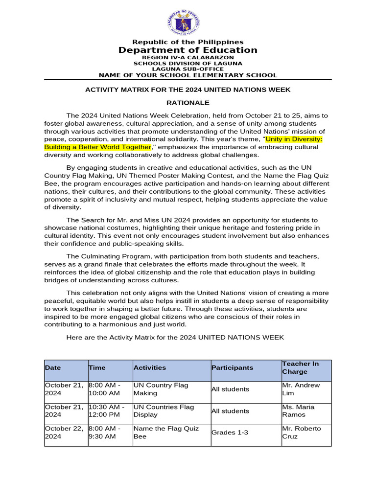 Activity Matrix for the 2024 UNITED NATIONS WEEK | PDF