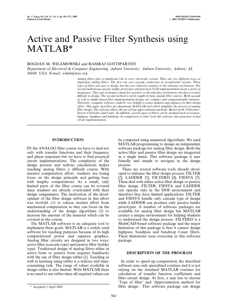 Active and Passive Filter Synthesis Using MATLAB | PDF | Electronic Filter | Low Pass Filter
