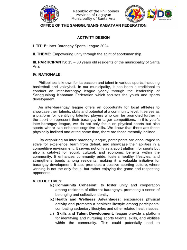 Activity Proposal Inter-barangay Sports League Final | PDF