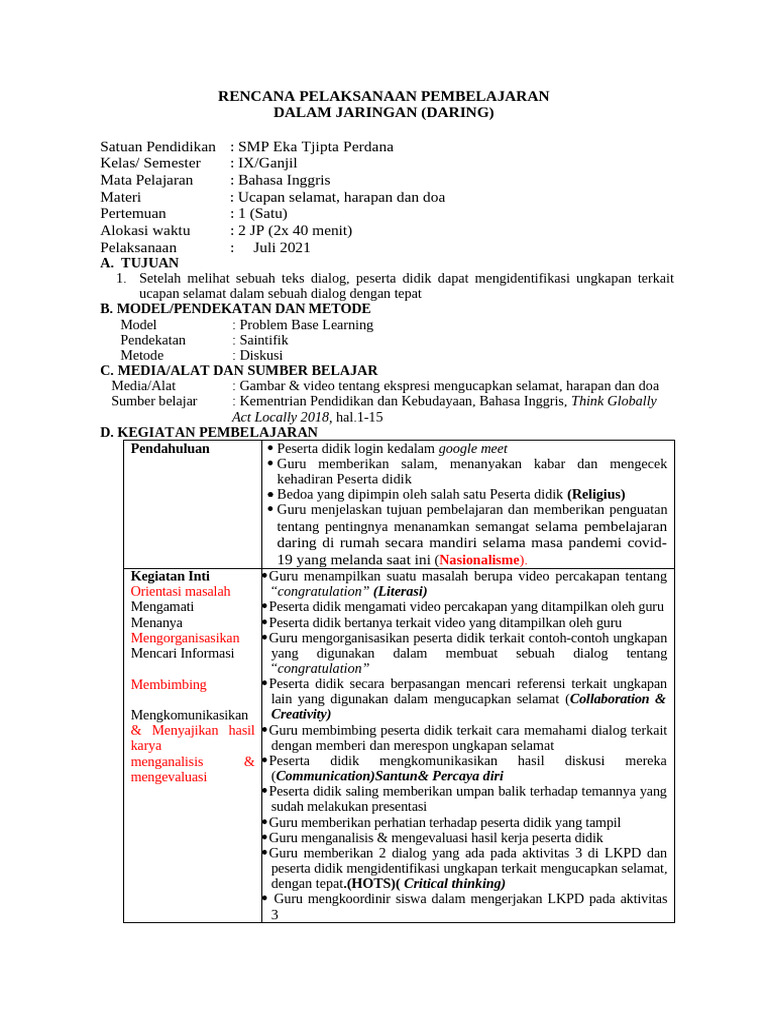 RPP1 LEMBAR Prakarya SMP | PDF