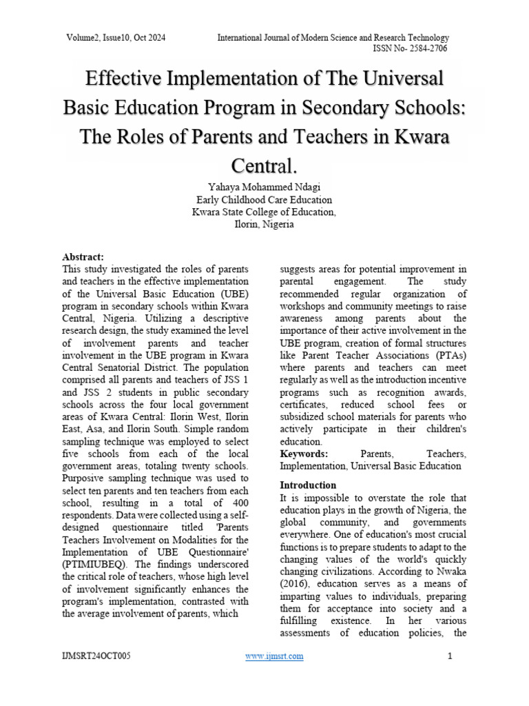 Effective Implementation of The Universal Basic Education Program in Secondary Schools The Roles ...