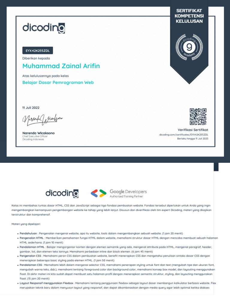 Dicoding Academy Certificate dasar pemweb | PDF
