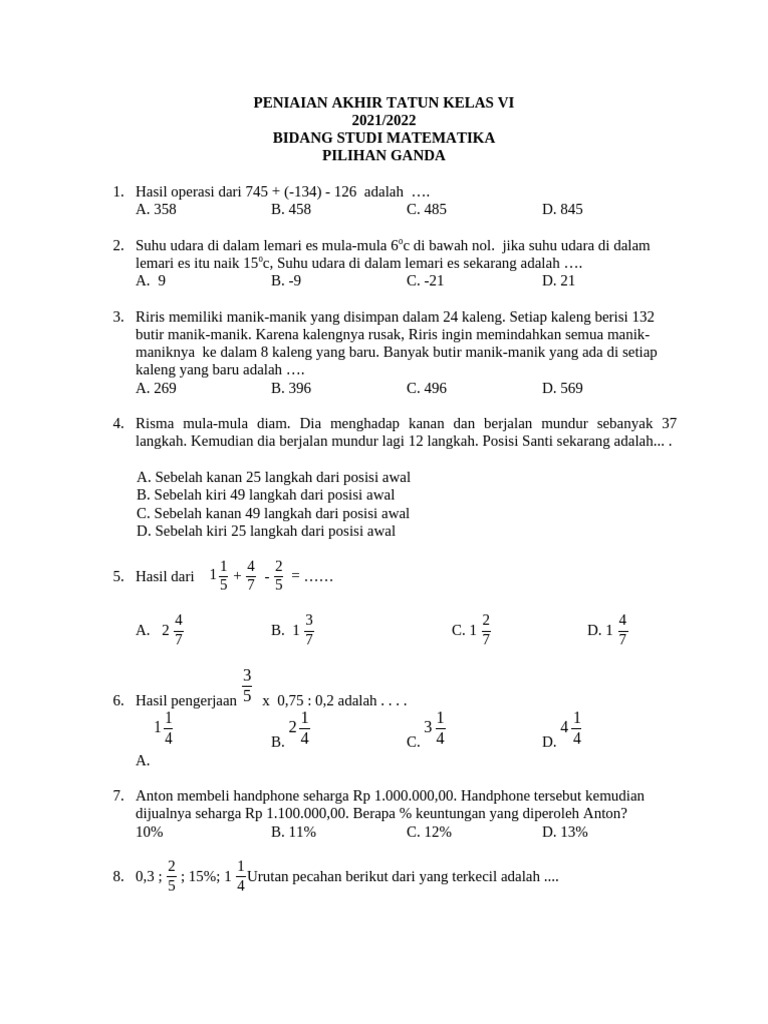 Soal Penilaian Akhir Tahun KLS Vi 2022 | PDF