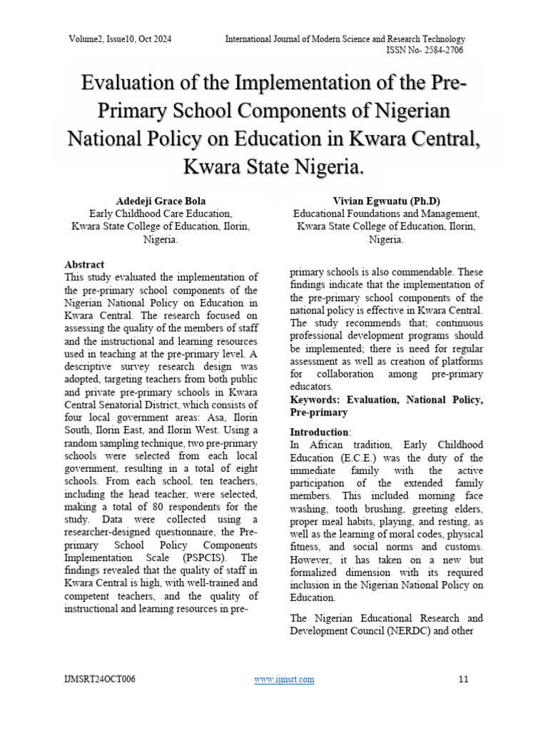 Evaluation of The Implementation of The PrePrimary School Components of Nigerian National Policy ...