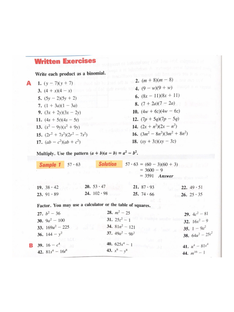 L26-2 Worksheet Differences of Two Squares | PDF
