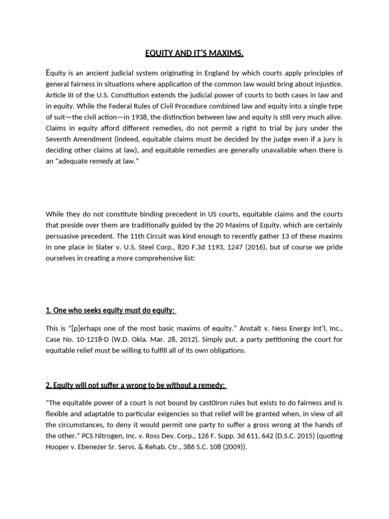 Equity and It's Maxims | PDF | Equity (Law) | Legal Remedy