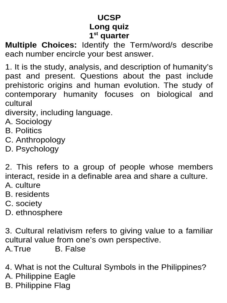 UCSP Long Quiz 1st Quarterv2 | PDF | Anthropology | Socialization