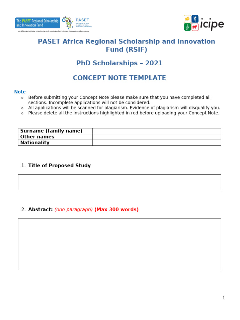 ENGLISH RSIF Fourth Call PHD Concept Note Format Aug 2021 FINAL | PDF