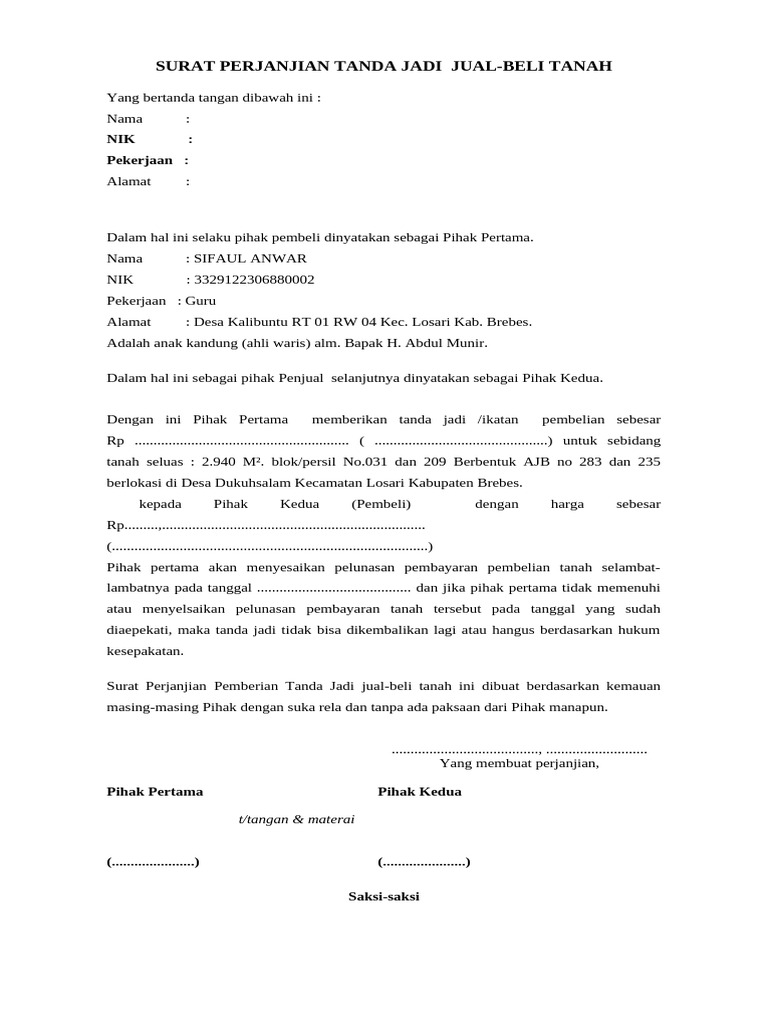 Surat Perjanjian Tanda Jadi Tanah | PDF