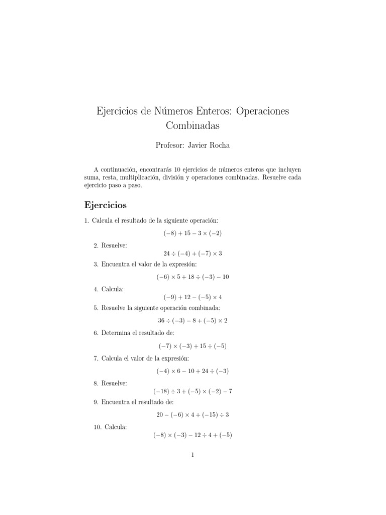 Ejercicio Numeros Enteros Operaciones Combinadas | PDF