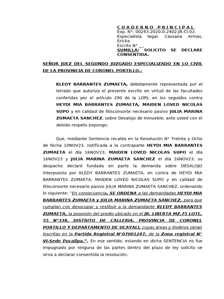 Escrito - Declarese Consentida - Exp. 243 - 2020 | PDF