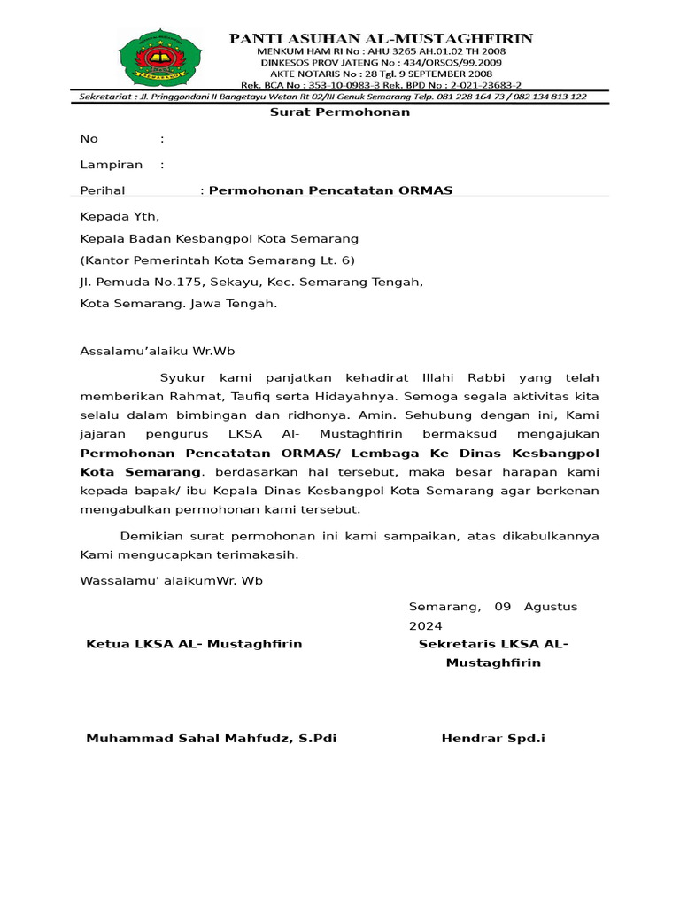 Surat Permohonan LKSA | PDF