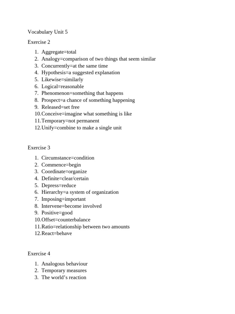 Vocabulary Unit 5 Answer Key | PDF