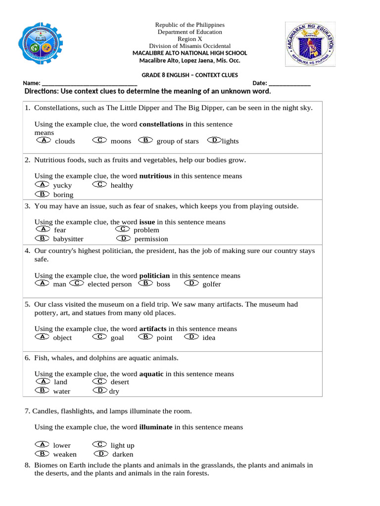Context Clues Activity Sheet | PDF