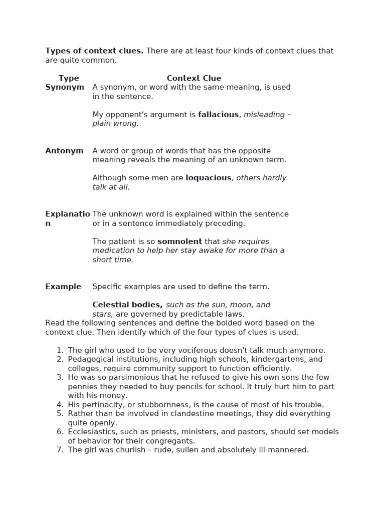 Types of context clues Grade 8 | PDF