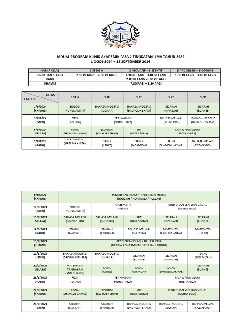 Jadual Klinik Mata Pelajaran Fasa 2 2024 | PDF