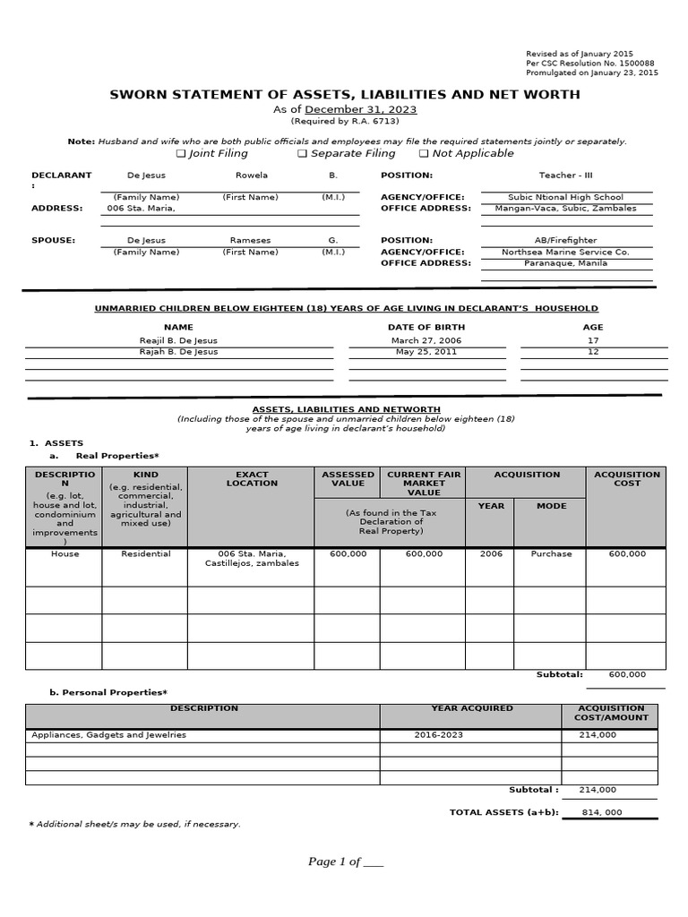 2015-SALN-Form (3) Rowela | PDF