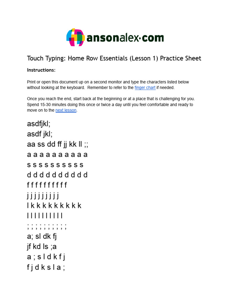 Touch Typing Lesson 1 Practice Sheet 1 | PDF