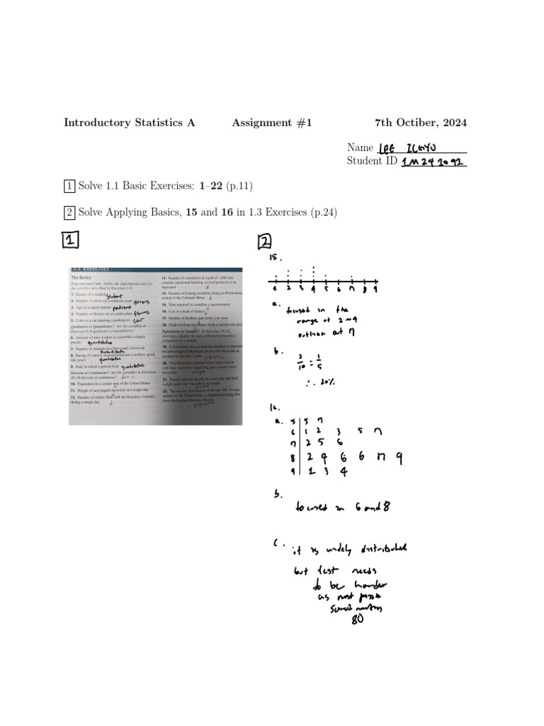 Introductory Statistics A Assignment #1 7th Octiber, 2024 | PDF