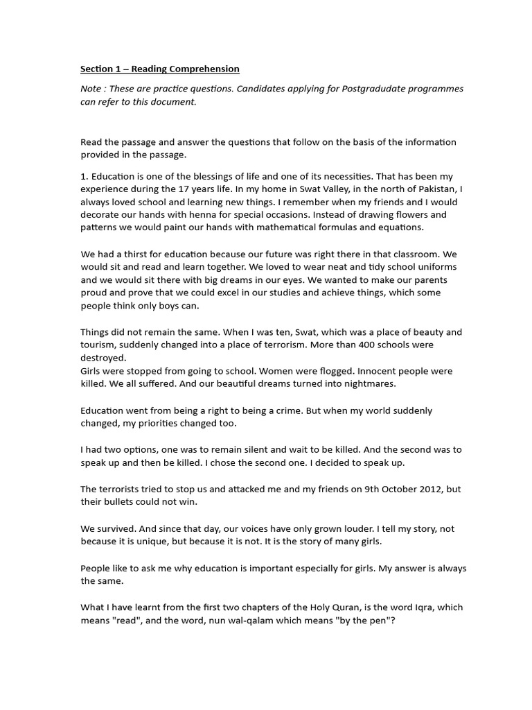 PG Reading Comprehension Practice Questions | PDF