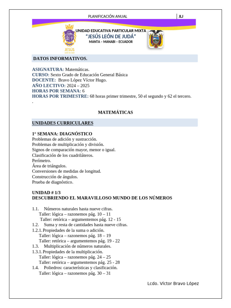 Plan Anual de Matemáticas 6to 2024 | PDF