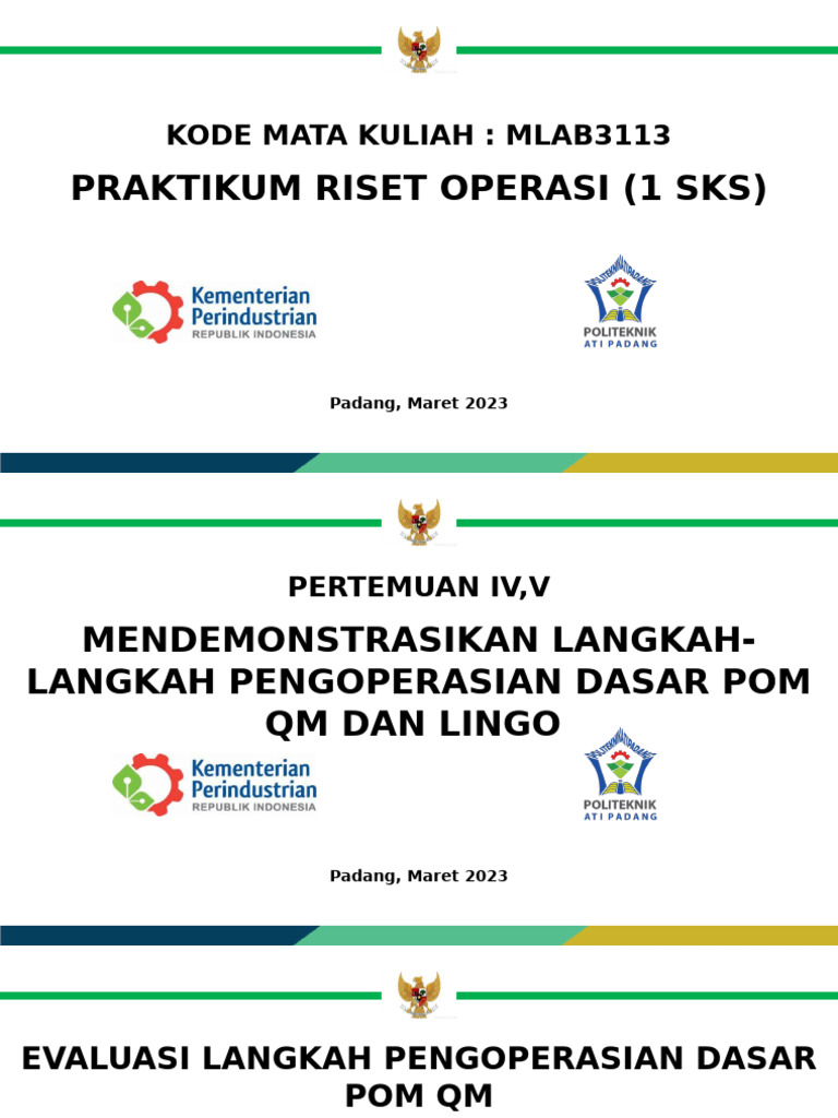 PERTEMUAN VI, VII - Menggunakan Software POM QM Dan LINGO Dalam Memecahkan Permasalahan Rill | PDF