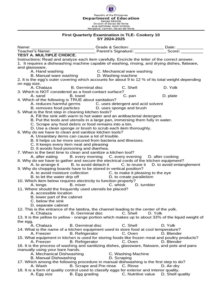 TLE 10 Cookery TOS Q1 | PDF