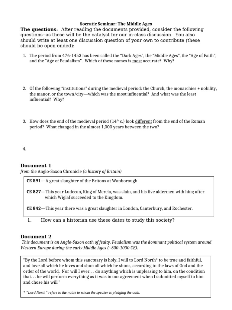 Socratic Seminar - Medieval Europe | PDF | Religion & Spirituality