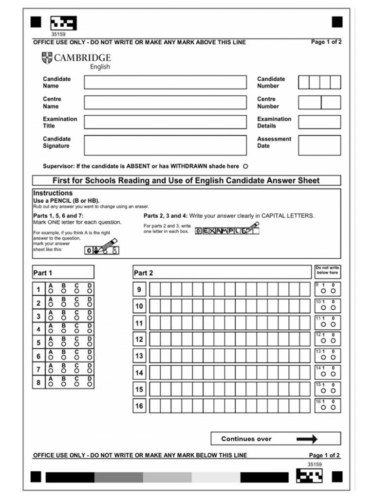 B2 First For Schools Reading Use Answer Sheet | PDF