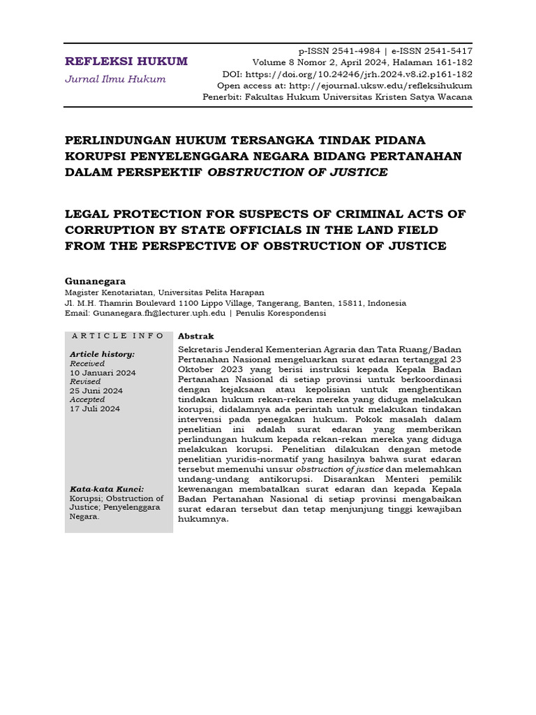Legal Protection For Suspects of Criminal Acts of Corruption by State ...