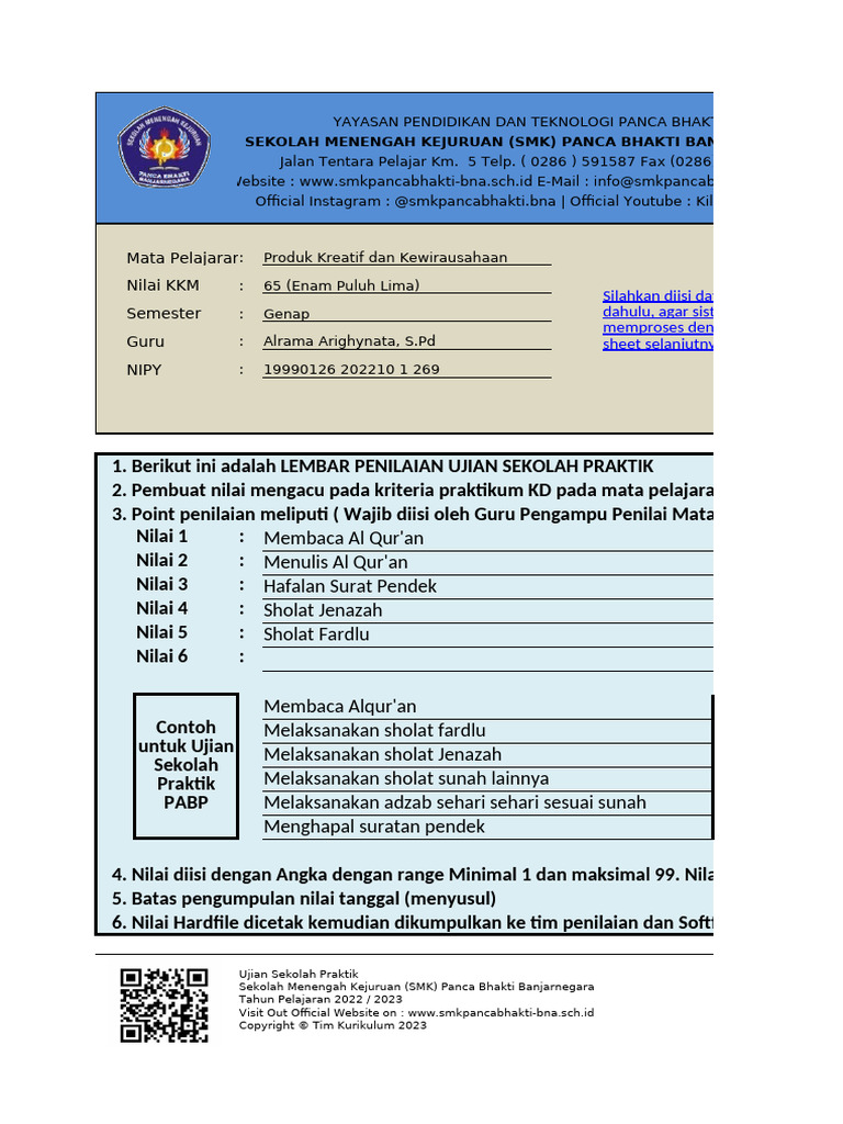 Form Ujian Sekolah Praktik TP 2023 2024 (Ary-Pkk-Xii Dpib) | PDF