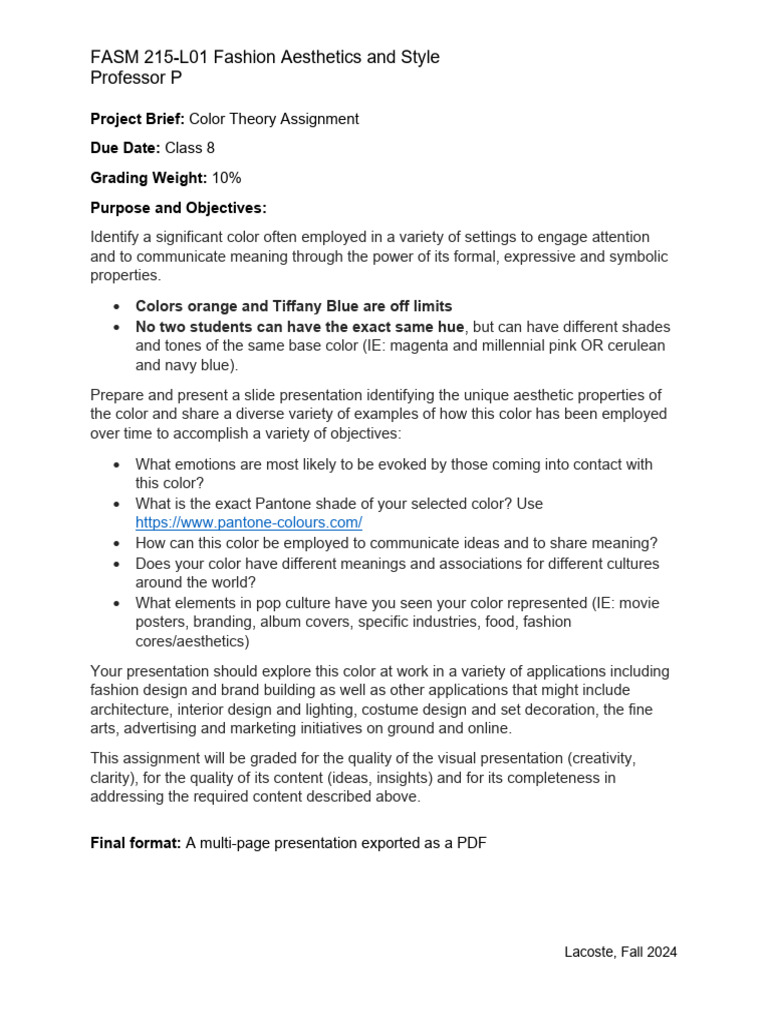 F24 FASM215 Color Theory Assignment Sheet | PDF