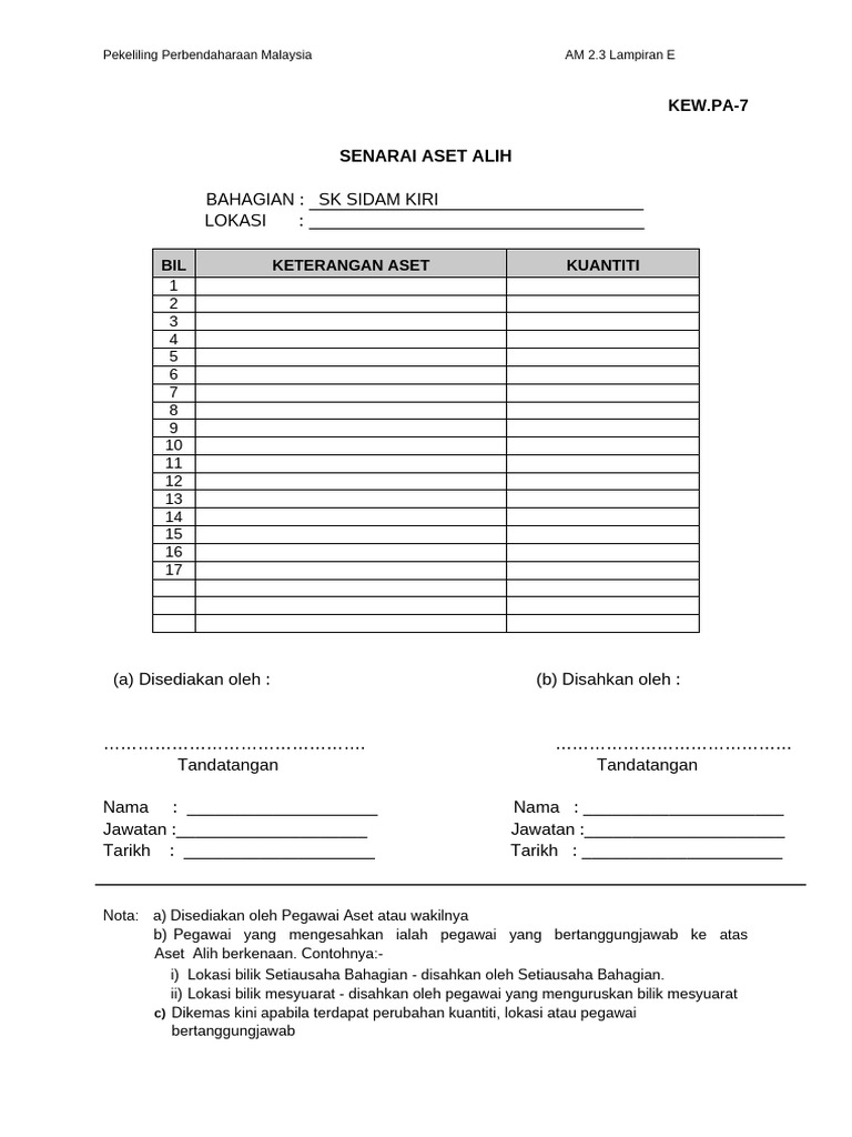 Kew - Pa-7 Borang Senarai Aset Alih | PDF