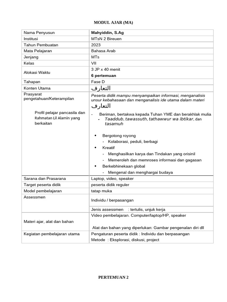 Modul Ajar B.arab KLS Vii TM 2 | PDF