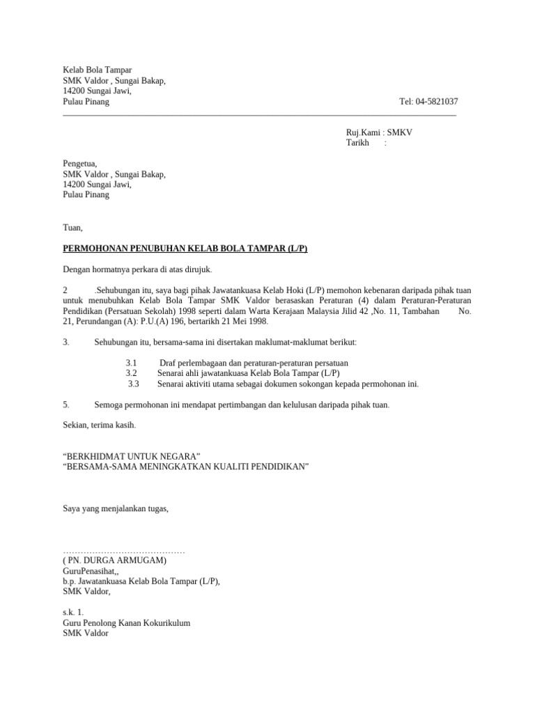 Surat PermohOnan Penubuhan Dan Kelulusan Kelab Bola Tampar | PDF