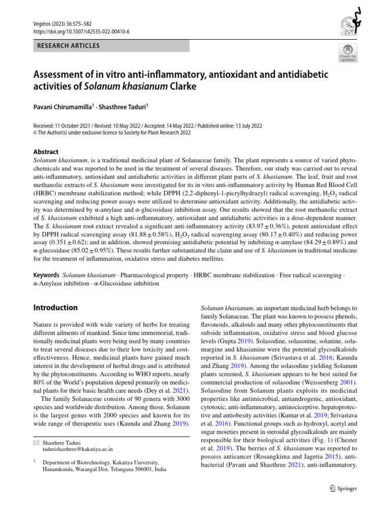 Solanum Khasianum: Assessment of in Vitro Anti Inflammatory, Antioxidant and Antidiabetic ...
