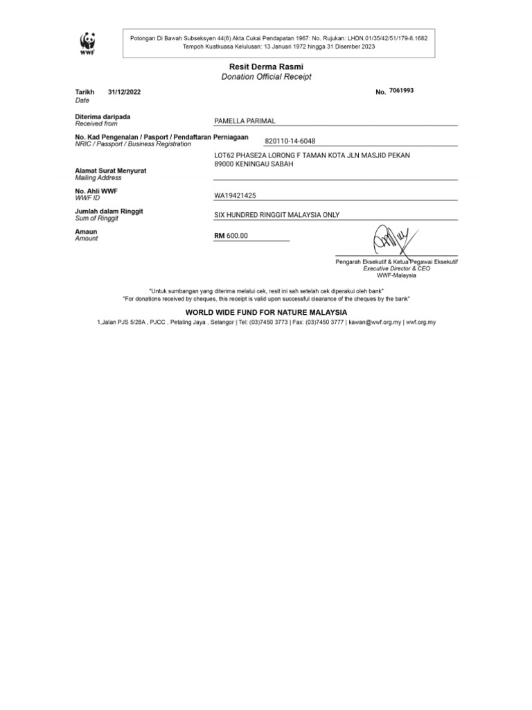 WWF-Malaysia Donation Official Receipt 2022 | PDF