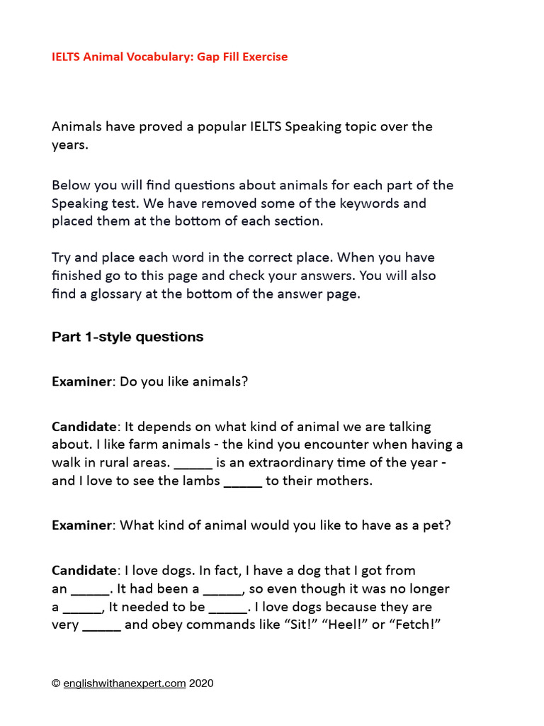 IELTS Animal Vocabulary Exercise | PDF | Cats | Home & Garden