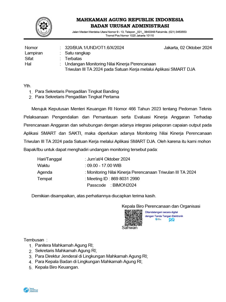 Undangan Monitoring Nilai Kinerja Perencanaan Triwulan III TA 2024 Pada ...