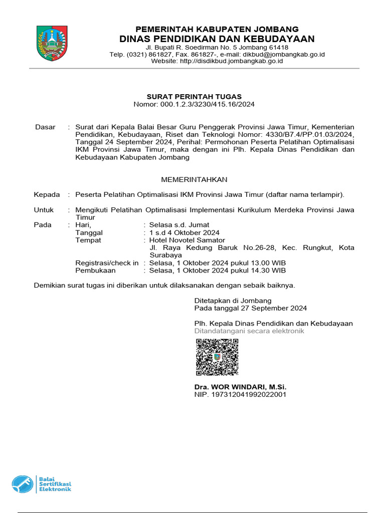 1 S.D 4 OKTOBER 2024 Surat Tugas Peserta Pelatihan Optimalisasi IKM Provinsi Jawa Timur. Bu ...