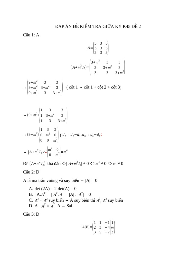 ĐÁP ÁN ĐỀ KIỂM TRA GIỮA KỲ K45 ĐỀ 2 | PDF