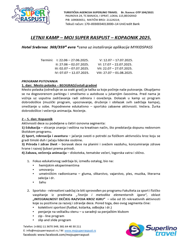 Program Putovanja LETO Kopaonik 02 2025 | PDF