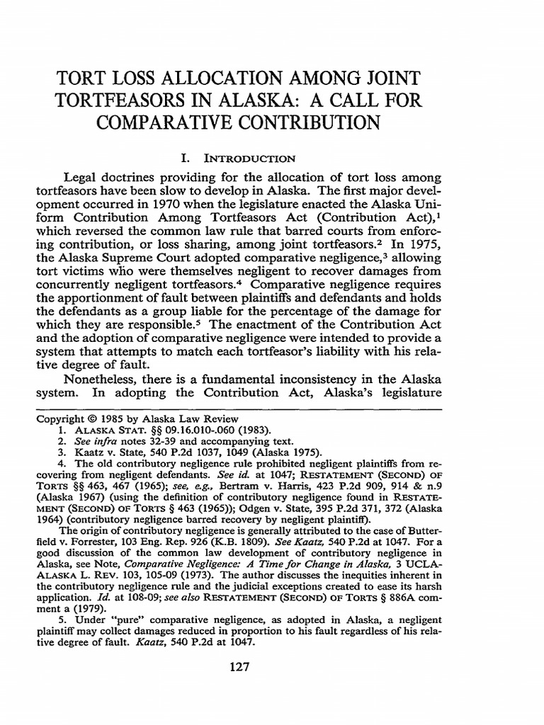 Tort Loss Allocation Among Joint Tortfeasors in Alaska - A Call Fo | PDF