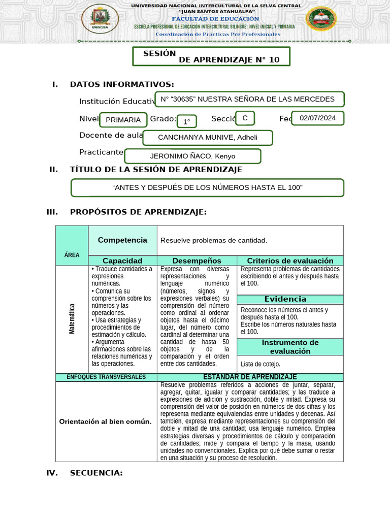 SESIÓN DE APRENDIZAJE N° 02 MATEMATICA | PDF