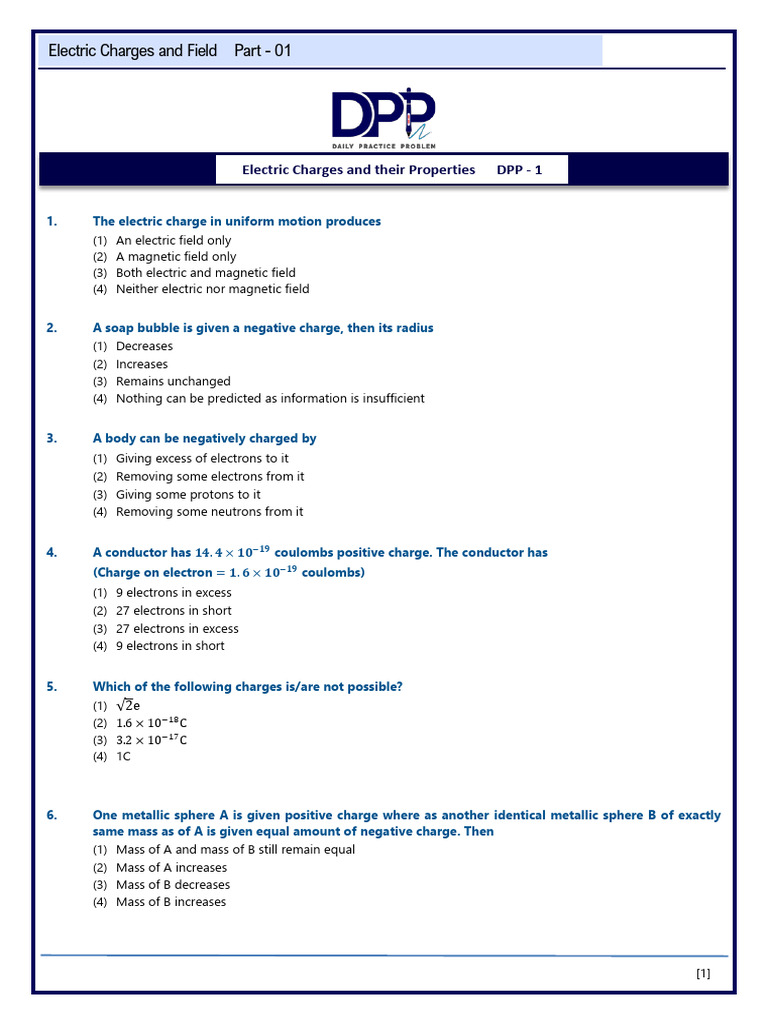 Electric Charge and Field DPP | PDF