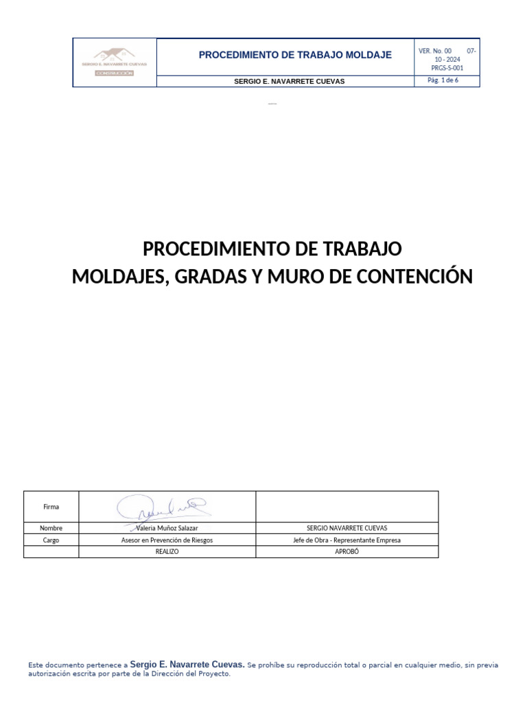 Procedimiento de Trabajo Moldaje. | PDF | Hormigón