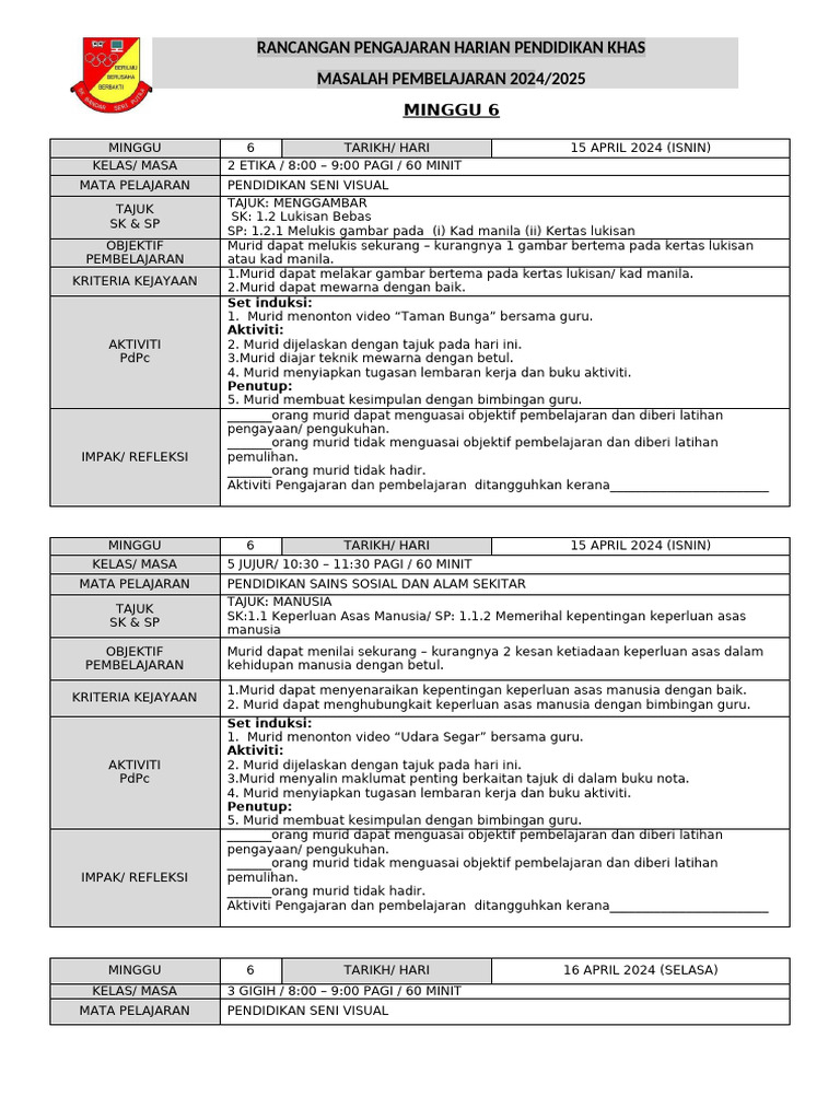 RPH Minggu 6 | PDF | Karier & Perkembangan | Seni