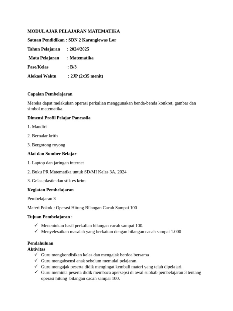 Modul Ajar Bil Cacah Perkalian - PPG | PDF
