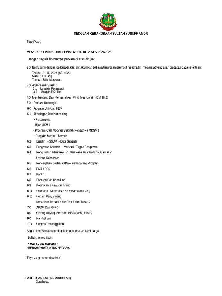 Surat Panggilan Mesyuarat Bil 2 2024 Sksy | PDF
